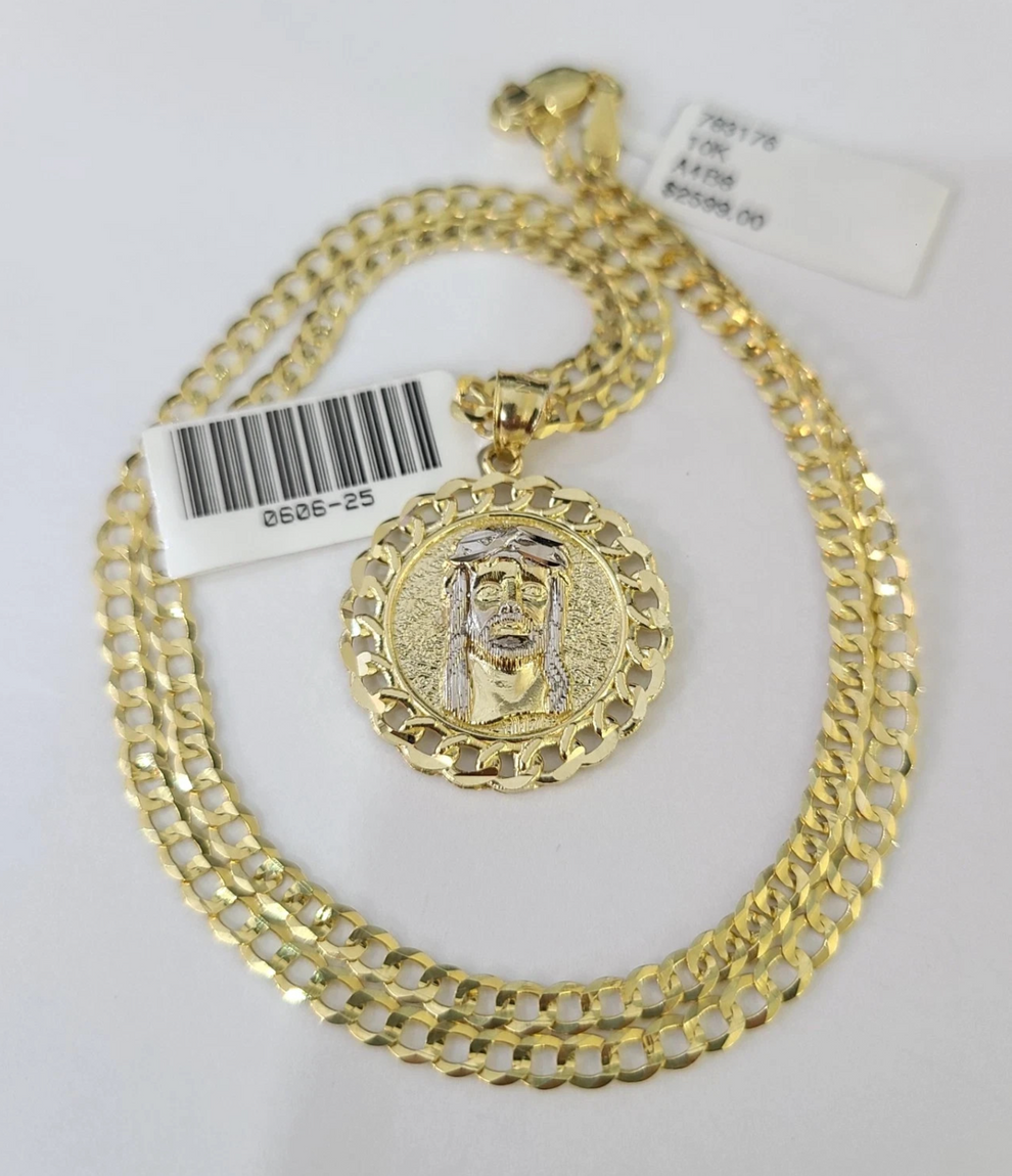 10k Yellow Gold Solid Cuban Curb Chain Jesus Head Pendant Charm 3mm Ne ...