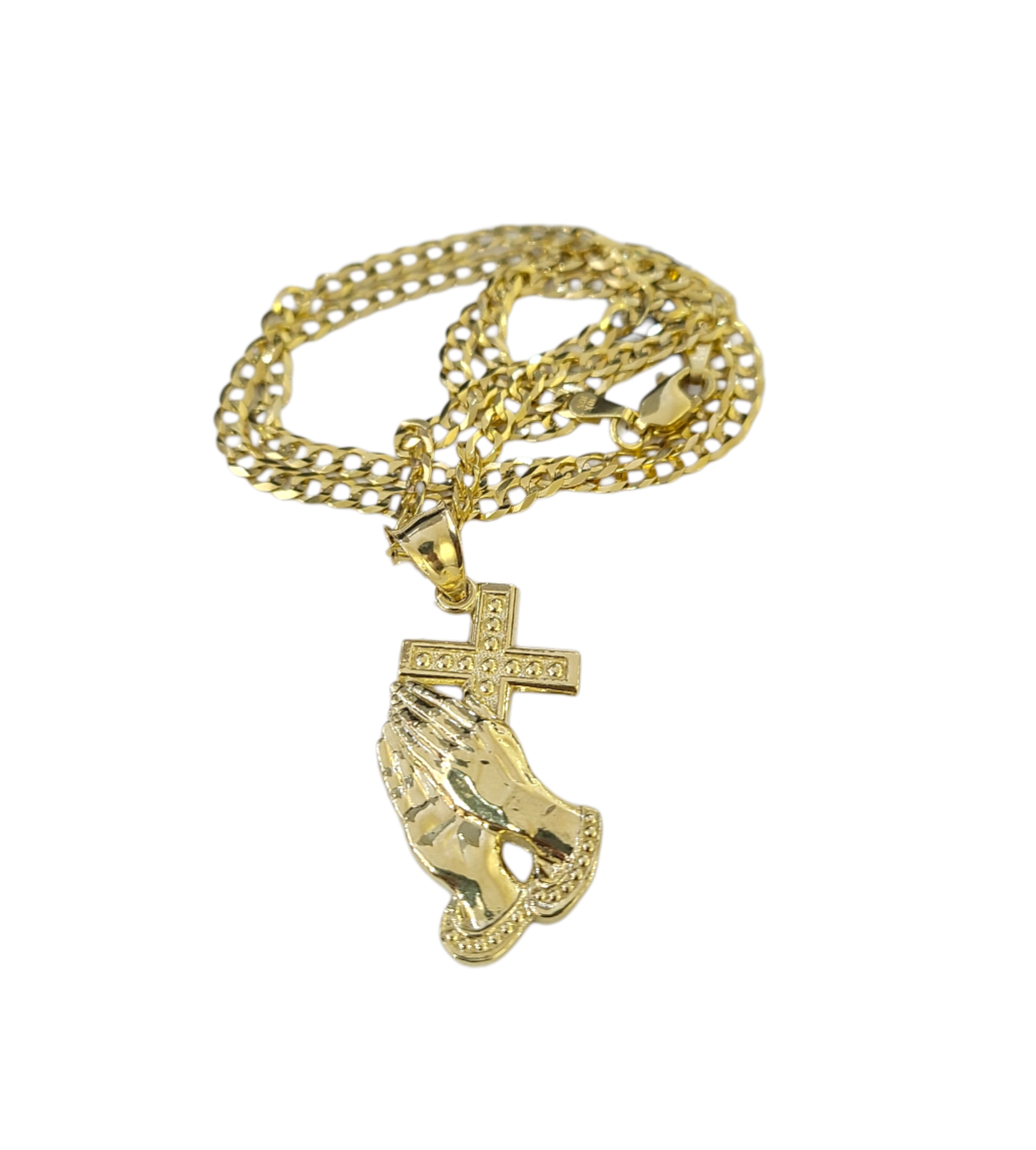 10k Gold Cuban Curb 3mm Chain Necklace Praying Hands Charm Pendant 18 ...